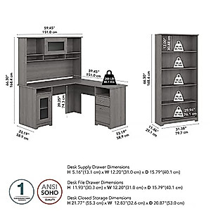 Bush Furniture Cabot L Desk with Hutch and 5 Shelf Bookcase, 60W, Modern Gray