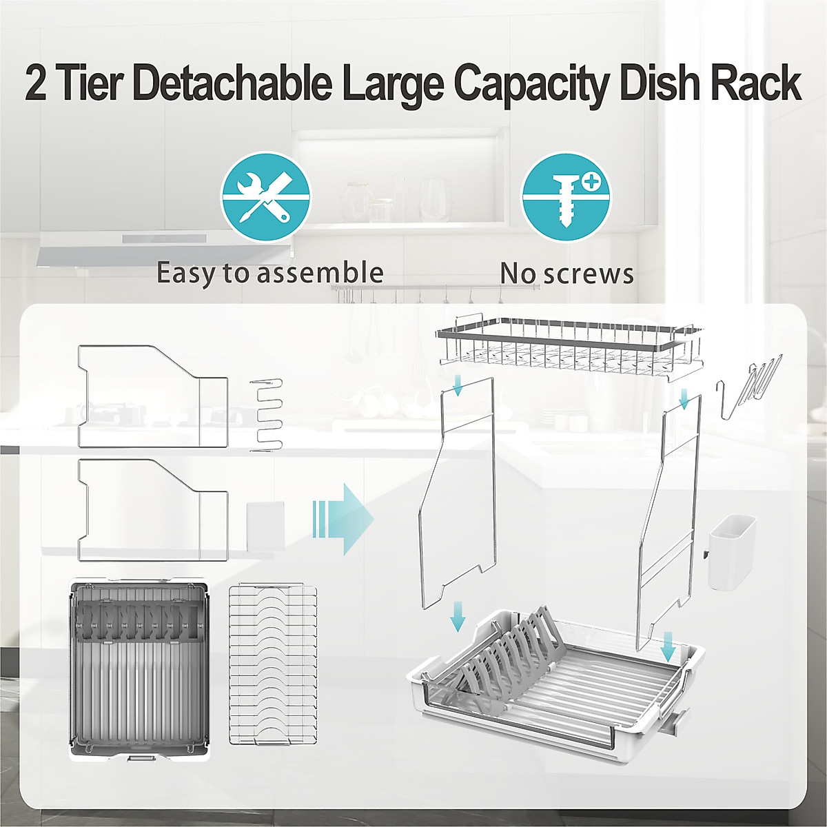 EMT ETRENDS Large Capacity Dish Drying Rack,Rust Resistant Dish Rack for Kitchen, Compact and Foldaway Dish Drainer with Removable Drainboard, Utensil/Cutlery Holder , Plastic, White