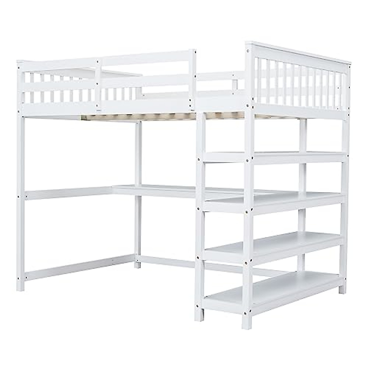 BOVZA Wood Loft Bed with Desk and Shelves, Full Size Loft Bed with Storage Shelves and Under-Bed Desk, Bed Frame for Kids Teens Adult, White