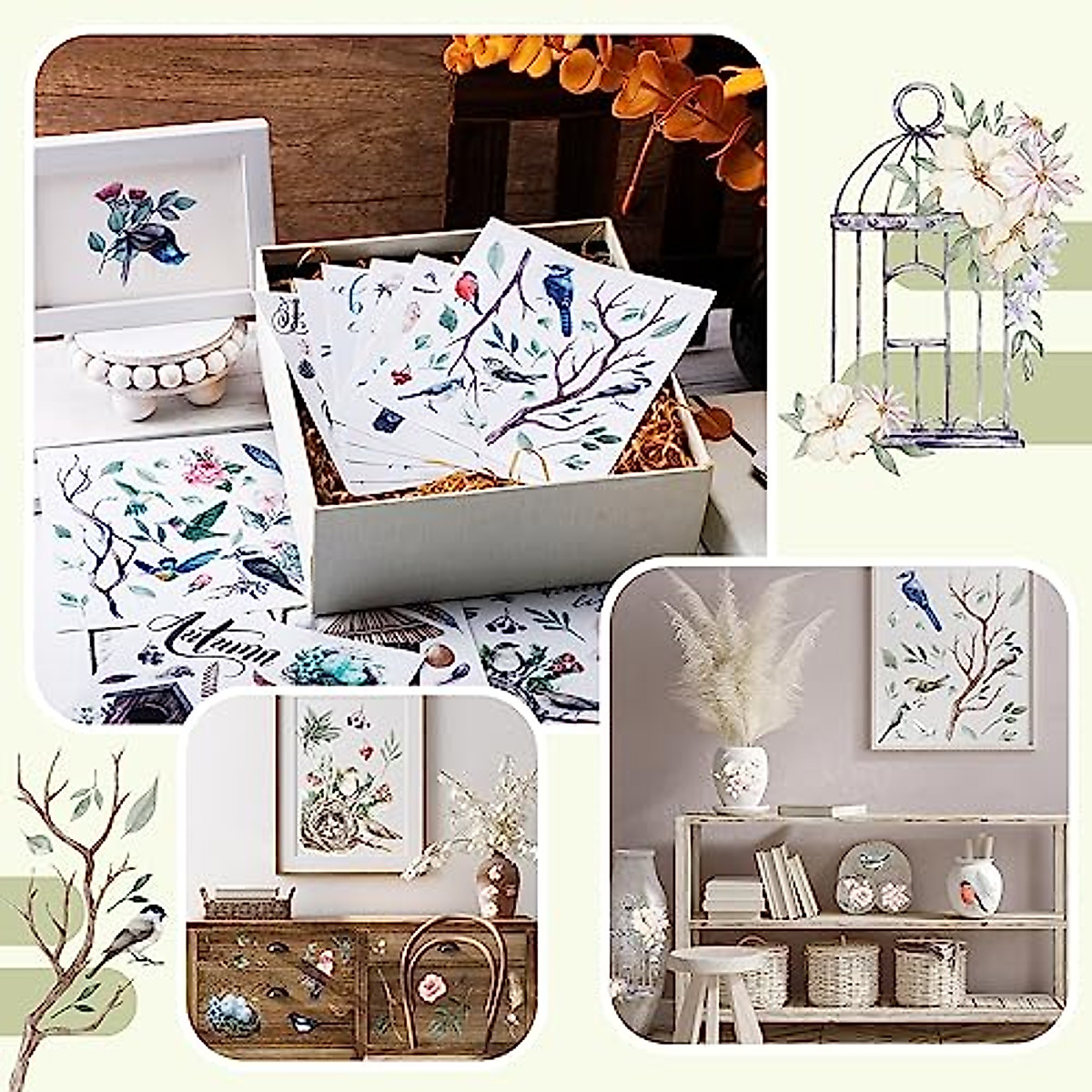 12 Sheets Rub on Transfers for Crafts and Furniture Rub on Transfers Stickers Classic Bird Floral Lavender Butterfly Decals for Home Office Paper Wood DIY Craft, 5.5 x 5.7 Inch (Bird)