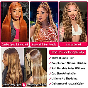 Flady Highlight Ombre Lace Front Wig Human Hair Pre Plucked Glueless HD Lace Frontal Wig 4/27 Straight Wigs Human Hair Ombre Brown Blonde Wig 150Density
