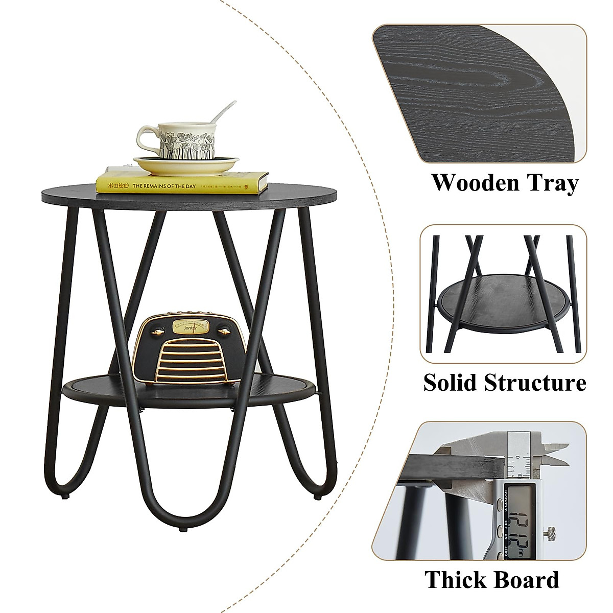 Leesingdo 2 Tier Round End Table, Black End Table with Metal Frame for Small Spaces, Accent Coffee Table, Sofa Table, Nightstand Table for Living Room, Bedroom