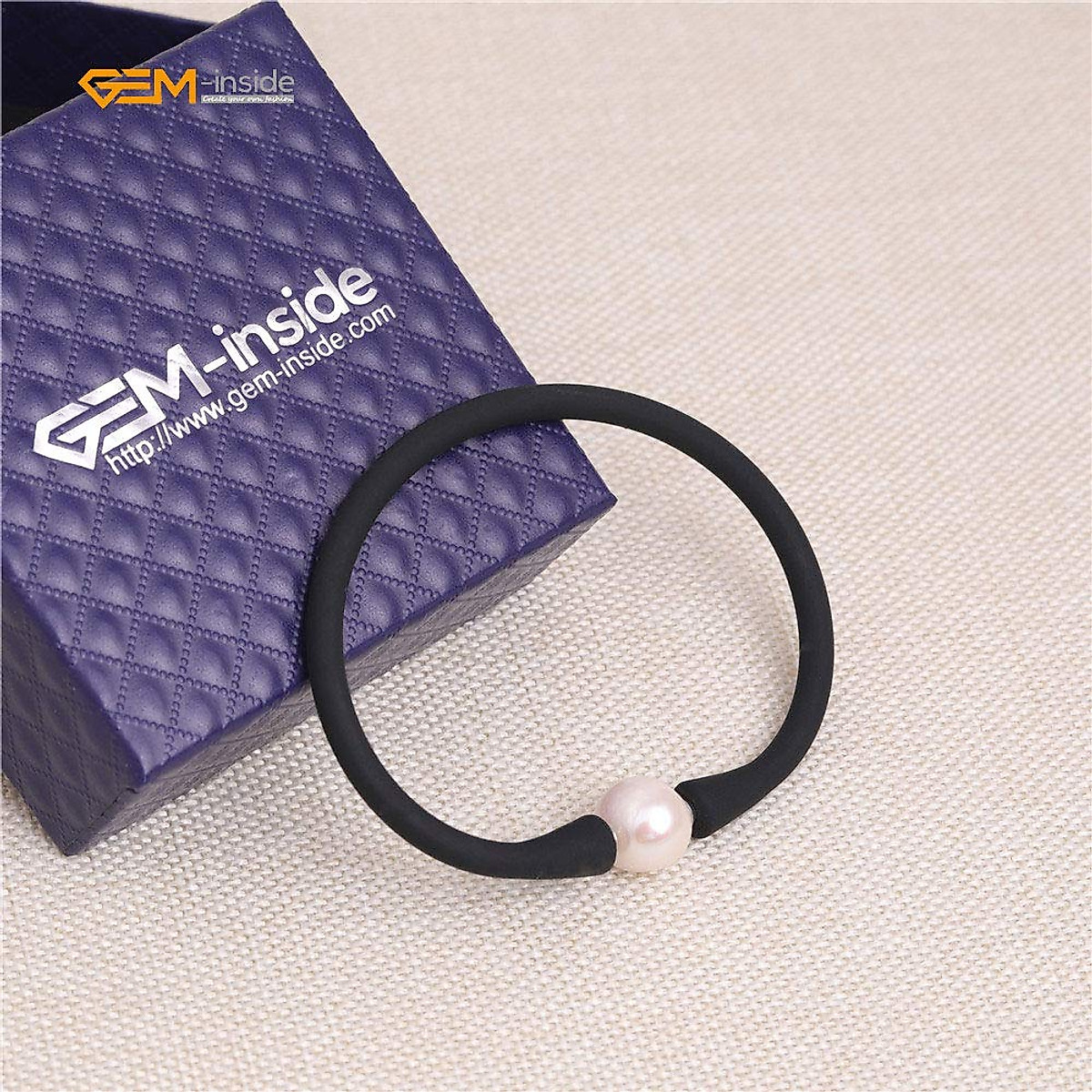 Jewelry Bracelet White Freshwater Pearl Black Rubber Stretch 7" Healing Reiki Fashion for Women Gifts