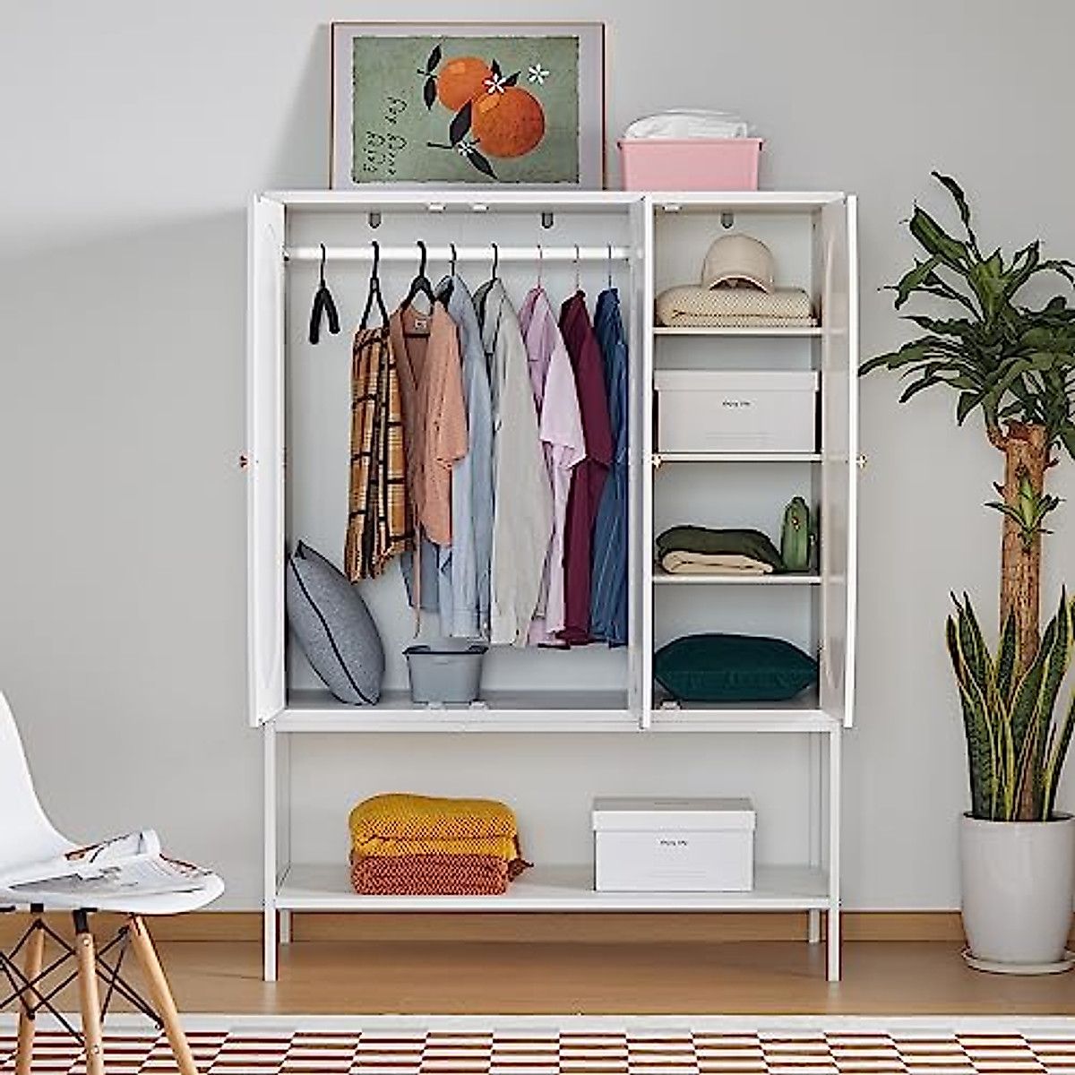 LEVNARY Large Armoire Wardrobe Closet with 3 Doors, Rattan Wardrobe Cabinet with Shelves and Hanging Rail for Clothes, Freestanding Wooden Closet for Bedroom, White (47.24" W x 18.89" D x 62.99" H)