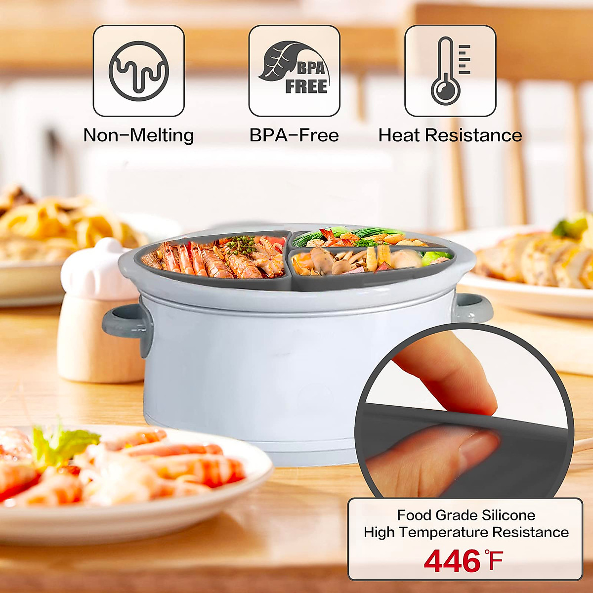 Driony Slow Cooker Divider Liner for 6 QT Crockpot, Reusable & Leakproof Silicone Crockpot Divider, Three compartrtments suitable for Slow Cookers Pot. Grey.