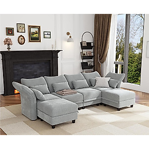 LLappuil Chenille U Shaped 6 Piece Sectional Sofa for Living Room Modular Sofa Sectional Couch with Reversible Chaise and Storage Ottoman, Grey