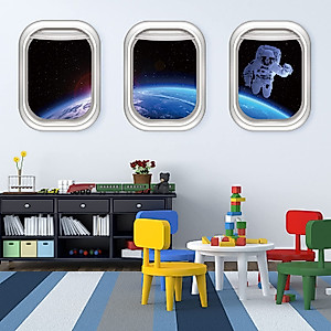 Rajahubri 3D Space Astronaut Window Wall Sticker Galaxy and Planet Fake Window Wall Decals Removable Outer Space Window View Wall Stickers Decal for Living Room