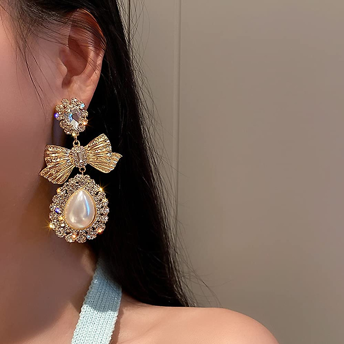 Wiwpar Large Teardrop Dangle Earrings Sparkly Rhinestone Pendant Drop Earrings Bow Dangle Earrings Gold for Women