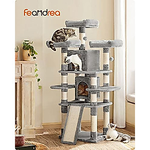 FEANDREA 67-Inch Multi-Level Cat Tree for Large Cats, with Cozy Perches, Stable, Light Gray UPCT18W