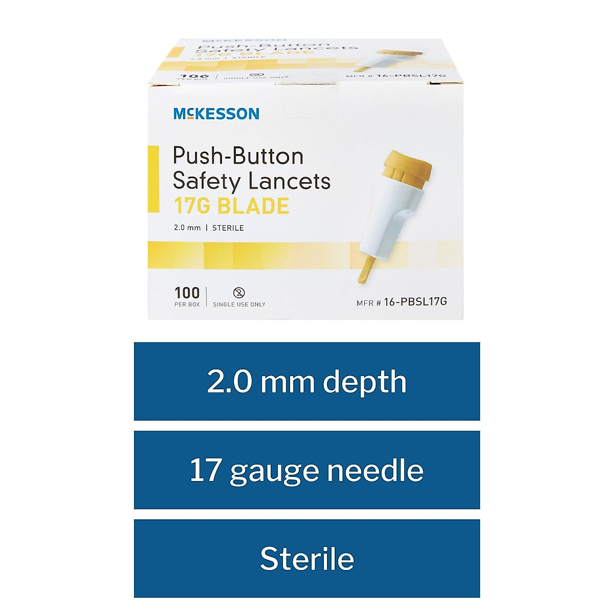McKesson Safety Lancets, Sterile, Push-Button, 17 Gauge Blade, 2 mm, 100 Count, 1 Pack