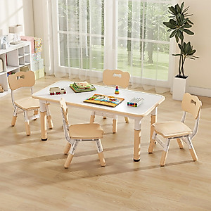 INFANS Kids Table and Chiar Set, Height Adjustable Toddler Desk and 4 Chairs with Graffiti Desktop Non-Slip Legs, Large 47" L x 23.5" W Multi-Activity Art Table for Daycare Classroom Home (Natural)