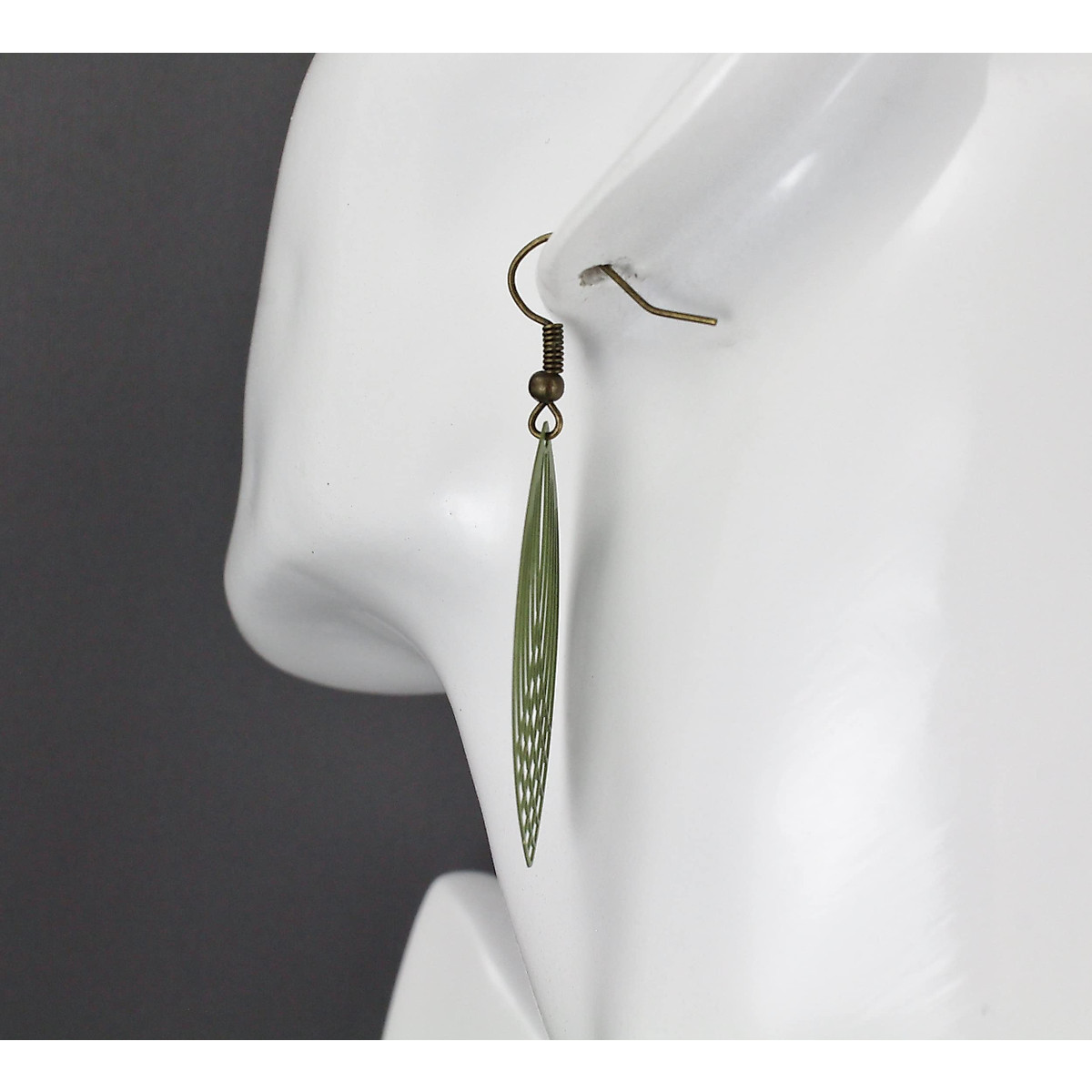Olive Green earrings teardrop dangle lightweight oval filigree 2 1/4 inches long painted very lightweight