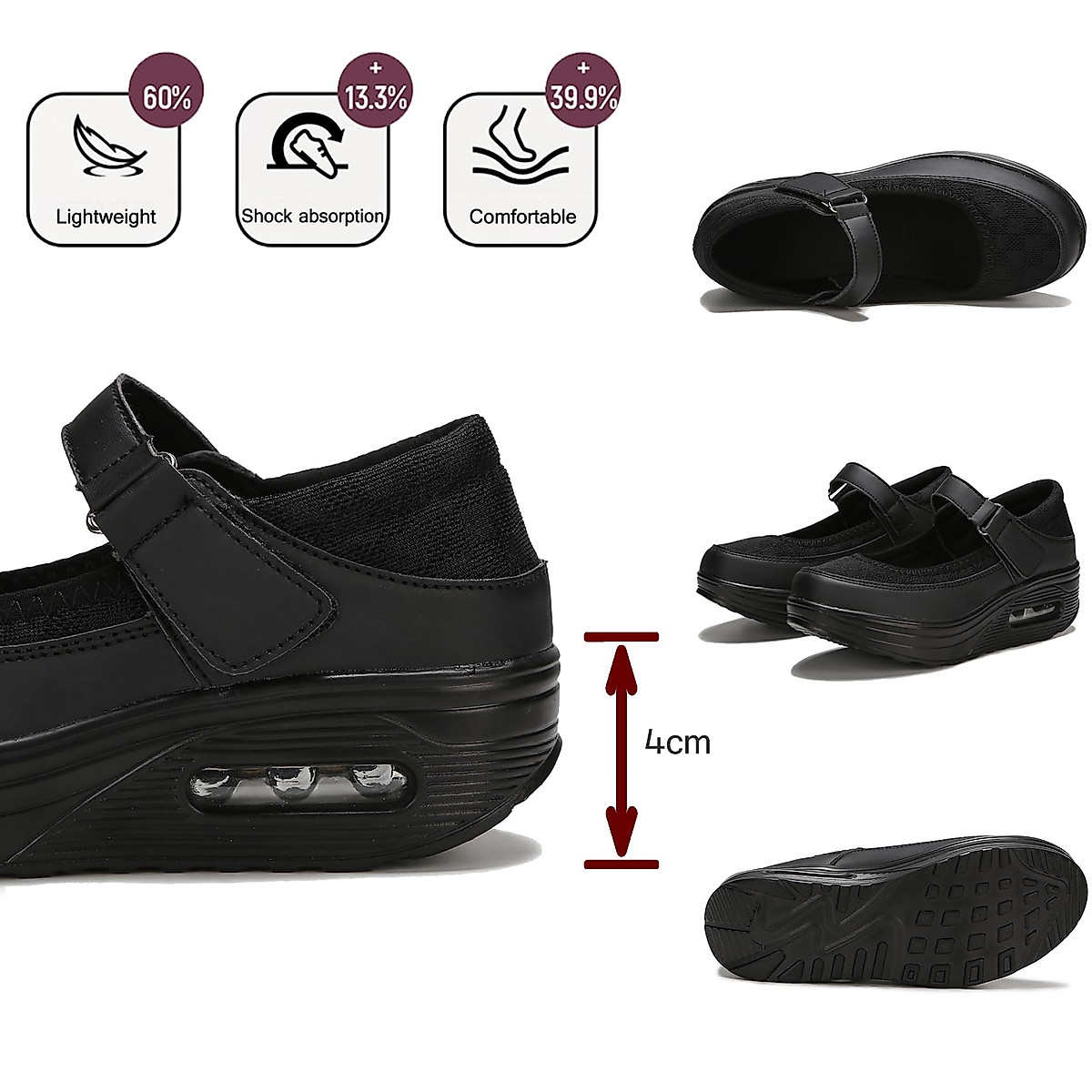 EnllerviiD Women Breathable Mary Jane Shoes Buckle Fitness Toning Walking Sneakers Black Mesh Platform Shoes 42