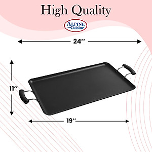Alpine Cuisine Aluminum Griddle Pan 19x11in | Nonstick Coating & Heat Resistant | Gas Stove Griddle for Cookware with Double Handle - Ideal for BBQ & Serving Pancakes, Hand Wash - Gray