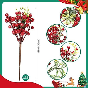 HEBE 12 Pack Christmas Flower Picks Artificial Red Berry Stems Fake Holly Berries Branches for Christmas Tree 0rnaments DIY Wreath Vase Holiday Home Xmas Decor