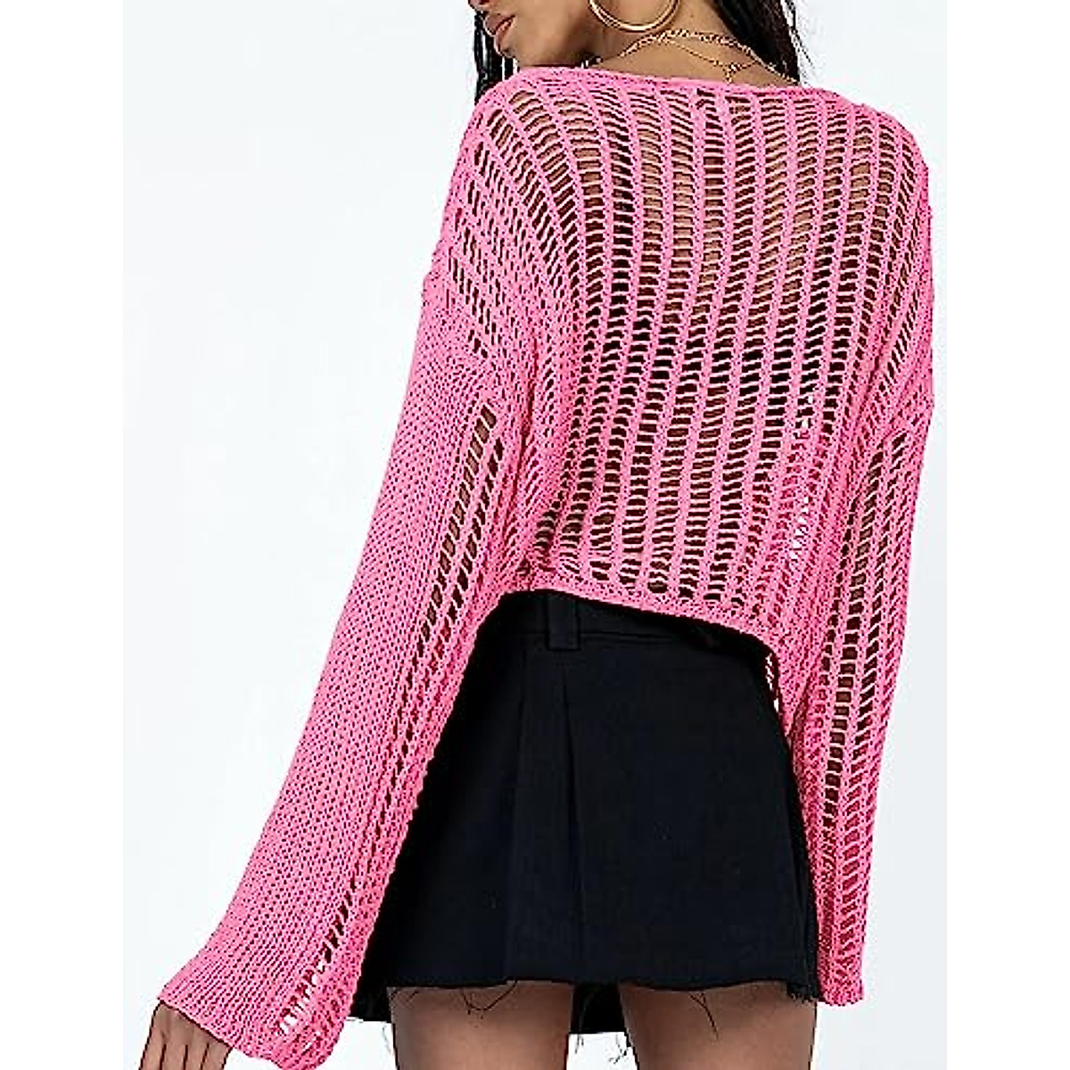 Crochet Tops for Women Summer Hollow Out Knit Sweaters Long Sleeve Crop Mesh Top Fashion Y2k Beach Cover Up Pink L