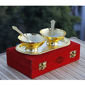 Indian Art Villa Silver Plated Gold Polished Bowl Set with Spoon Tray, Diwali Gift Item