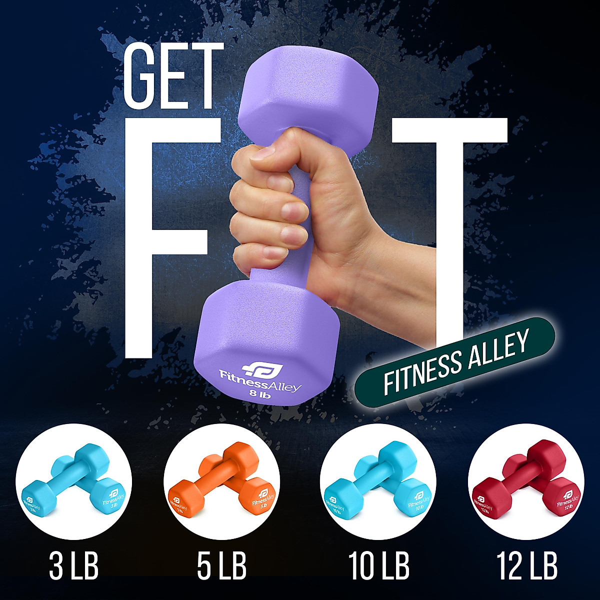 Fitness Alley Neoprene Dumbbell 5 Pairs 3LB, 5 LB, 8LB, 10LB, 12LB Dumbbells Coated for Non Slip Grip - Hex Dumbbells Weight Set - Neoprene Hand Weight Pairs - Hex Hand Weights Neoprene Dumbbells