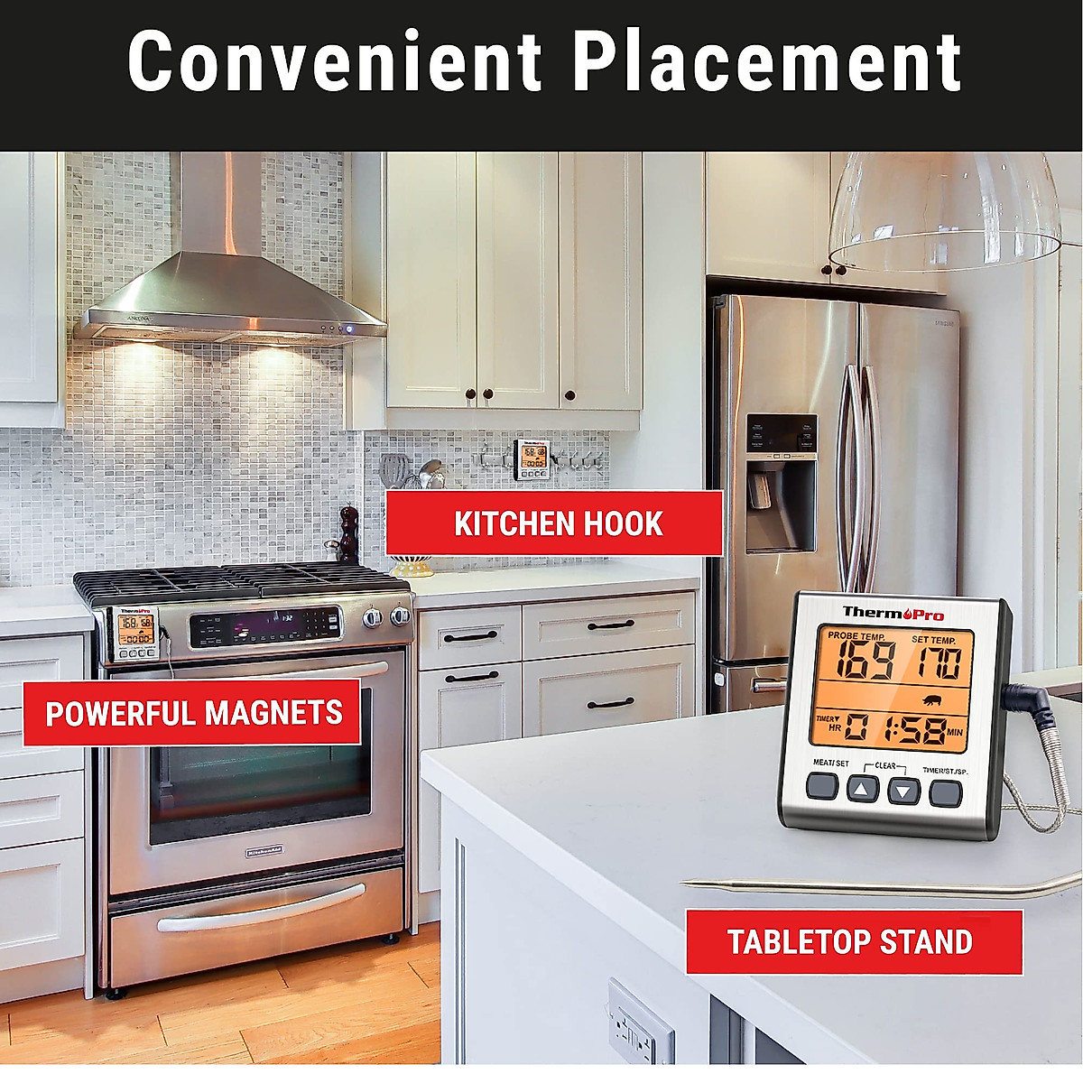 ThermoPro TP16S Digital Meat Thermometer for Cooking and Grilling, BBQ Food Thermometer with Backlight and Kitchen Timer, Grill Temperature Probe Thermometer for Smoker, Barbecue, Oven, Cookware