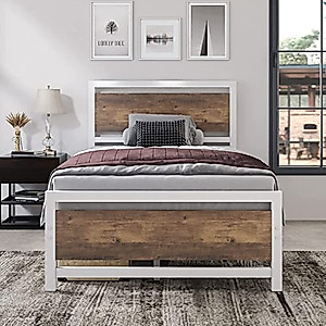 HOMBCK White Twin Bed Frame with Headboard, White Metal Bed Frame Twin with Heavy Duty Slats, Twin Bed Frame No Box Spring Needed, Easy Assembly, White