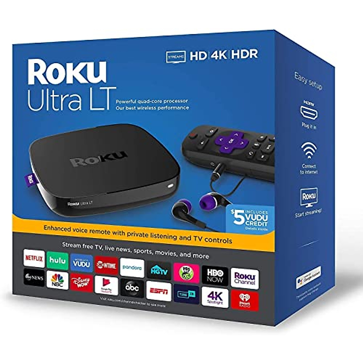 Ro-ku Ultra LT Streaming Media Player 4K/HD/HDR w/WULIC 4K HDMI Cable Black