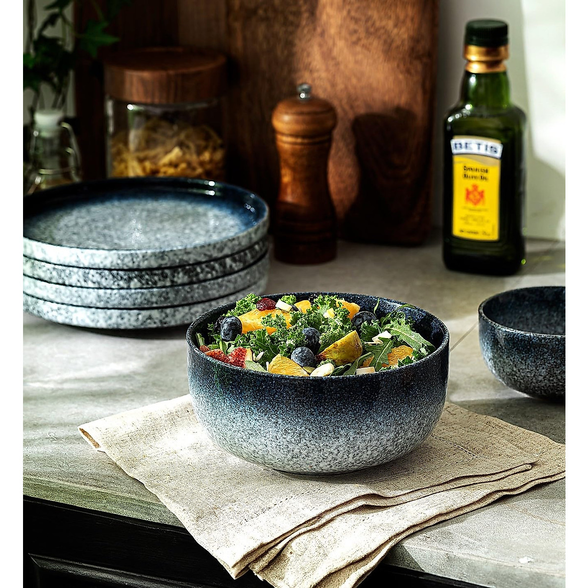 S&Q'S CERAMICS Cereal Bowls - 36 Ounce Ceramic Bowls, Japanese Noodle Bowl Set, Ceramic Bowls for Kitchen, Breakfast, Oatmeal, Microwave and Dishwasher Safe, [Set of 4], Dark Blue