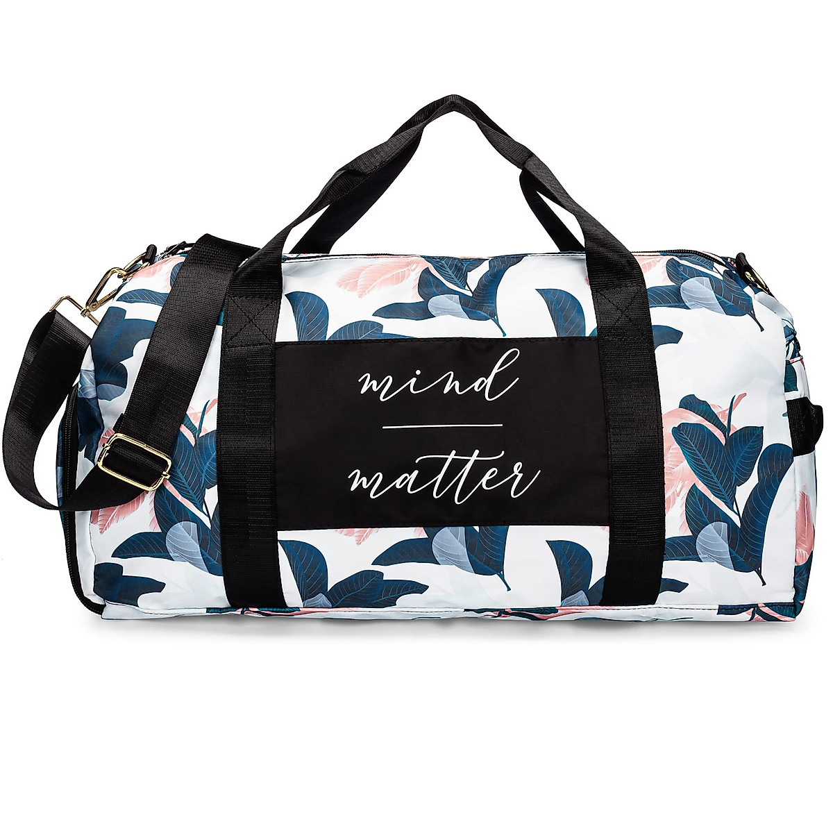 Gym Bag for Women with Shoe Compartment and Wet Pocket | Durable Lightweight Gym Duffle Bag with Motivational Quote and Graphic Designs | Great for Exercise and Overnights | White/Navy - Guava Leaf