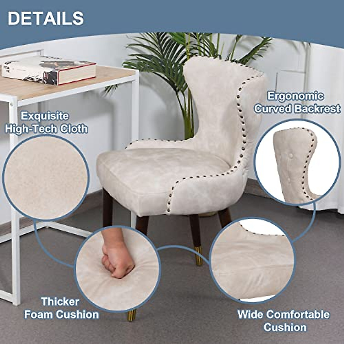 ROIYEIER Modern Dining Chairs Set of 2, Waterproof Wear Resistant Upholstered Dining Chairs with Armrest Soild Legs for Dining Room Living Room, Beige