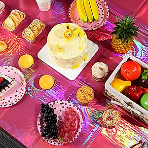 4 Pack Hot Pink Iridescence Plastic Tablecloths Shiny Disposable Laser Rectangle Table Covers Holographic Foil Tablecloth Party Decorations Birthday Bridal Wedding Christmas, 54 x 108 Inch