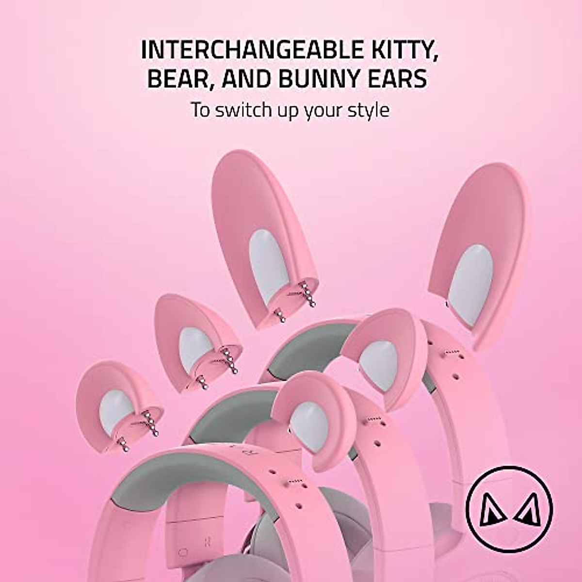 Razer Kraken Kitty V2 Pro Wired RGB Headset: Interchangeable Ears (Kitty, Bear, Bunny) - Stream Reactive Lighting - Detachable HyperClear Cardioid Mic - 50mm Drivers - 7.1 Surround Sound - Quartz Pink