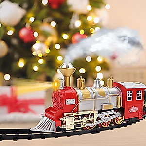 deAO Train Set for Christmas Tree,Classical Christmas Train Sets with Headlight, Smoke, Realistic Sounds, 3 Car Carriage and 11 Feet Track – Great Accessory for Kids and Christmas Decoration
