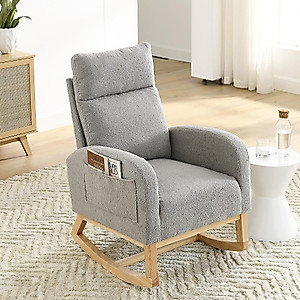 JEEOHEY Rocking Chair Nursery,Teddy Fabric Upholstered Baby Glider Rocker Chair,Comfy Accent Arm Chair with Side Pockets&Solid Wood Legs,Modern Nursing Single Sofa Chair for Living Room,Bedroom(Grey)