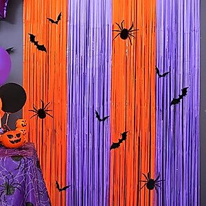 Mega-L Halloween Party Decorations, 2 Packs Orange Purple Photo Booth Props, 3.3 x 6.6 ft Halloween Foil Fringe Curtains with Bats, Photo Backdrop Streamers Halloween Party Supplies