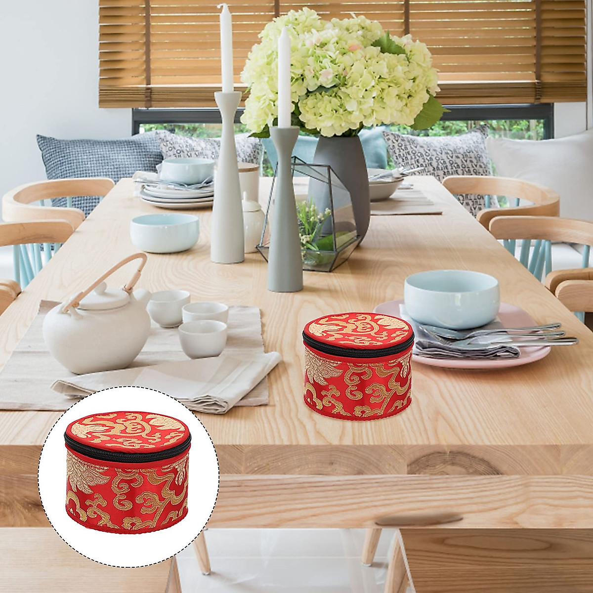 Brocade Cushion Carry Bag Singing Bowl Case Storage Bag: Singing Bowl Carry Case Bag Zippered Tibetan Sound Bowl Cover Container for Buddhist Meditation Bowl 16CM Cushion Meditation Bowl