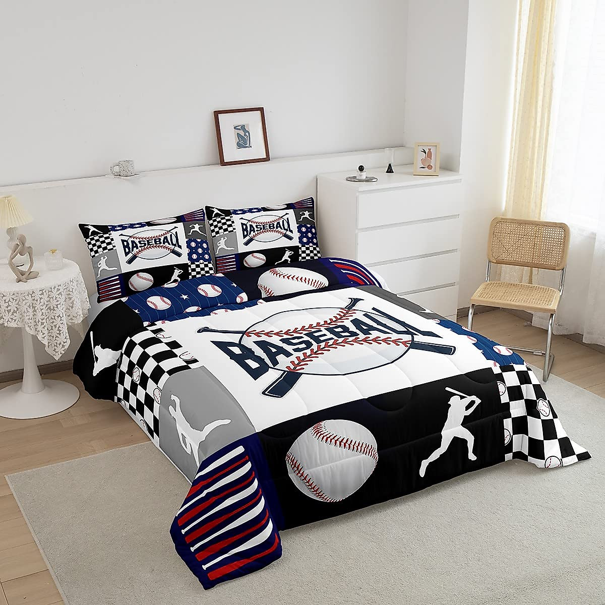 Baseball Bedding,Kids Sports Baseball Comforter Set For Boys Girls Twin Size,Teen Baseball Quilt Set Sport Fans Room Decor,Patchwork Geometric Checkered Comforter Balck white Navy Blue 1 Pillowcase