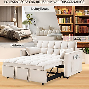 SPOWAY 3 in 1 Sleeper Sofa Couch Bed, Velvet Convertible Loveseat Sleeper Sofa with 3 Level Adjustable Backrest, Storage Pockets, Toss Pillows, Pull Out Loveseat Sleeper for Living Room, Beige