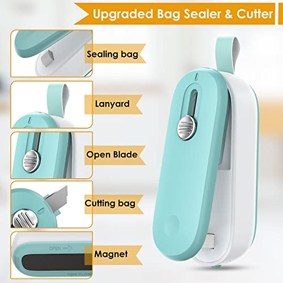 Mini Bag Sealer, Portable Heat Vacuum Sealer, 2 in 1 Heat Sealer and Cutter with Lanyard, Handheld Bag Resealer Machine for Plastic Bags Food Snack Storage (Batteries Included)