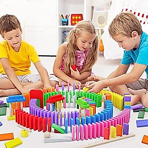 PEBIRA Large Dominoes for Kids, Wooden Dominos Set Include 200 PCS Colorful Domino Blocks, 11 Add-on Tricks and 1 Storage Bag, Bulk Building Dominoes
