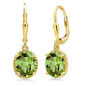 Gem Stone King 18K Yellow Gold Plated Silver Green Peridot Leverback Dangle Earrings For Women (4.20 Cttw, Gemstone August Birthstone, Oval 9X7MM)