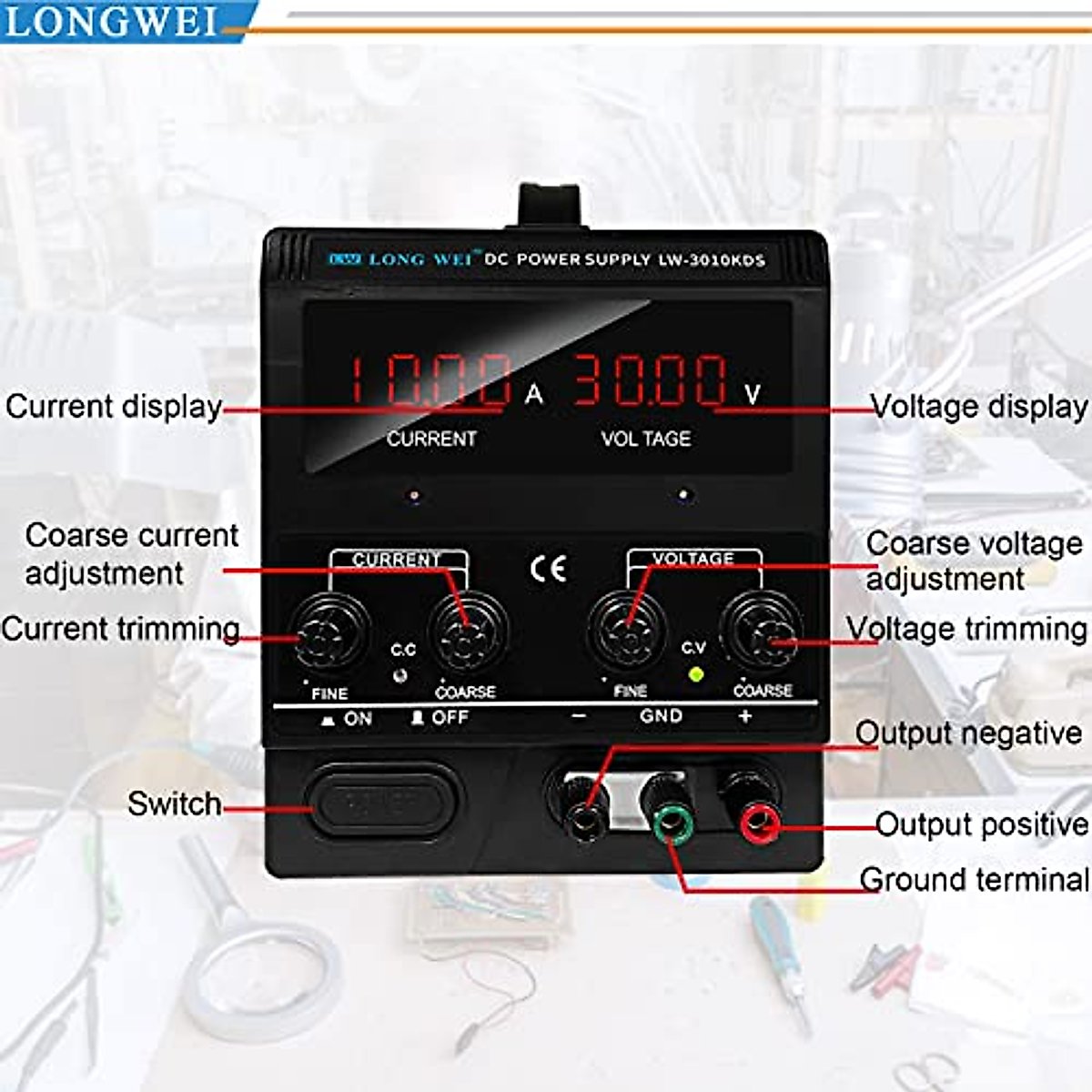 Lwlongwei DC Power Supply Variable, 30V 10A 300W Adjustable Switching Regulated DC Bench Power Supply with 4-Digits LED Power Display Coarse and Fine Adjustments