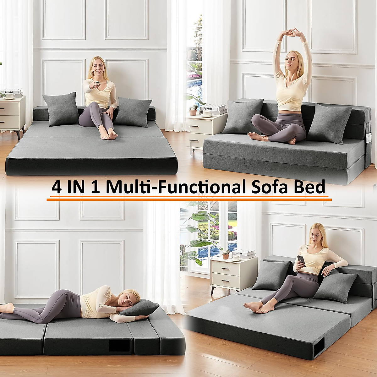 JKMAX Twin Size Folding Sofa Bed - 4 in 1 Sleeper Chair with Pillow - High Density Memory Foam Fold Out Couch - Convertible Folding Bed with Washable Modern Linen Cover for Apartment (Dark Grey)