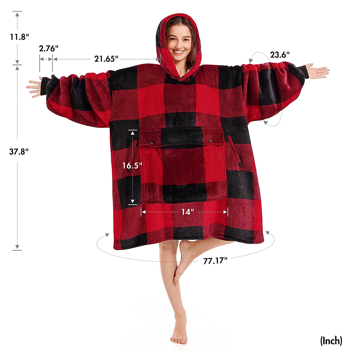 Blanket Hoodie Women & Men,Premium Sherpa Fleece Oversized Hoodie Blanket with Giant Pocket for Women,Super Cozy and Big Wearable Blanket Hoodie Gift Red Plaid