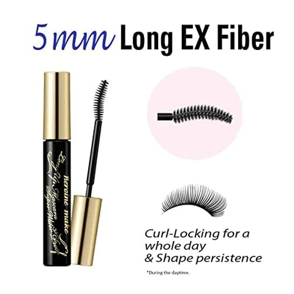 HEROINE MAKE by KISSME Long & Curl Up Waterproof Mascara Black, Lengthening & Volume Fiber Tubing Mascara Makeup, WP 01