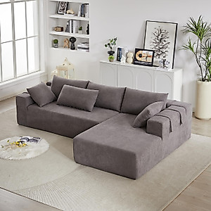 Yoglad Modern L-Shape Sectional Upholstery Sofa with Freedom Combination Living Room Sofa, Comfy Deep Seat Floor Furniture with 6 Pillows for Living Room, Office (Face The Right Chenille Grey Sofa)