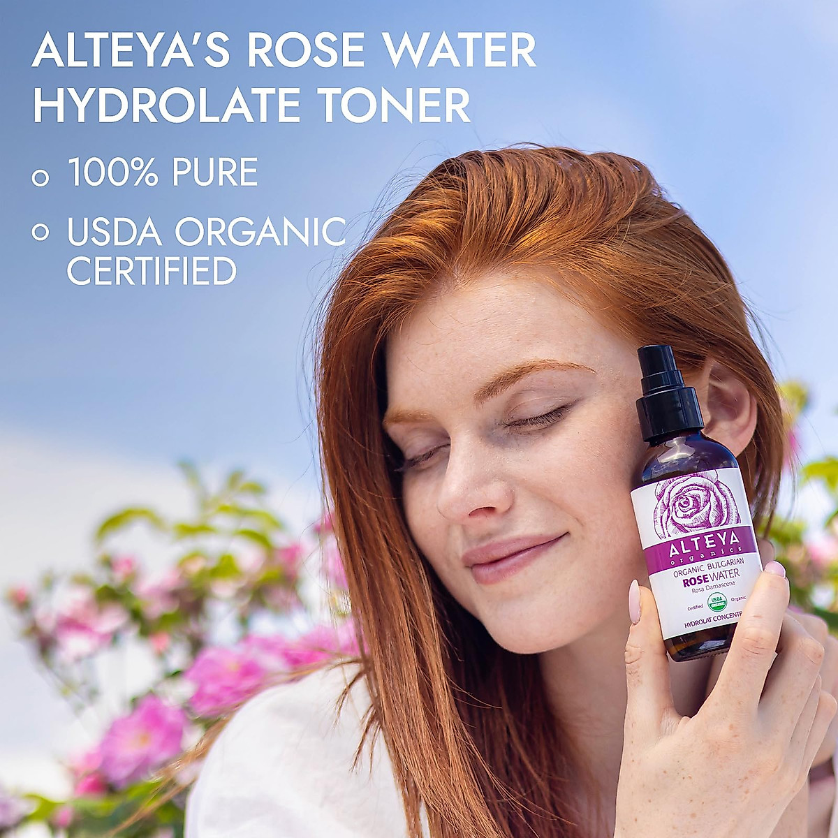 Alteya Organics Rose Water USDA Certified Organic Facial Toner, 8 Fl Oz/240mL Pure Bulgarian Rosa Damascena Flower Water, Award-Winning Moisturizer Amber Glass Spray Bottle