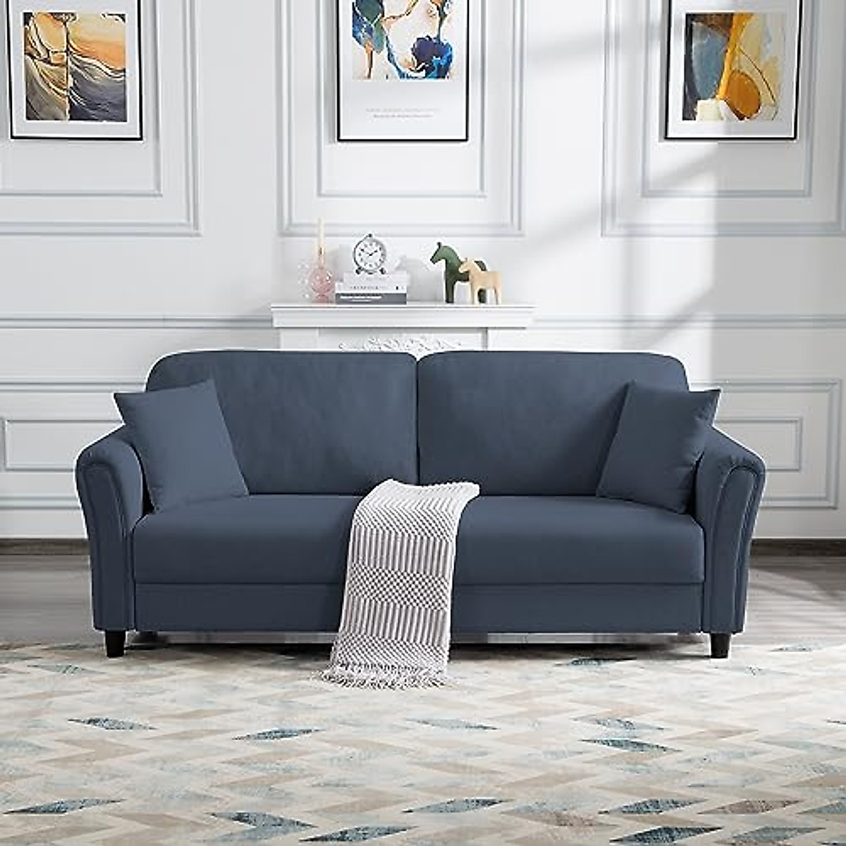 FREESNOOZE 81.5'' Linen Upholstered Sofa, Modern 3 Seater Sofa Couch with Back Cushions and 2 toss Pillows for Living Room/Bedroom/Apartment(Dark Blue)