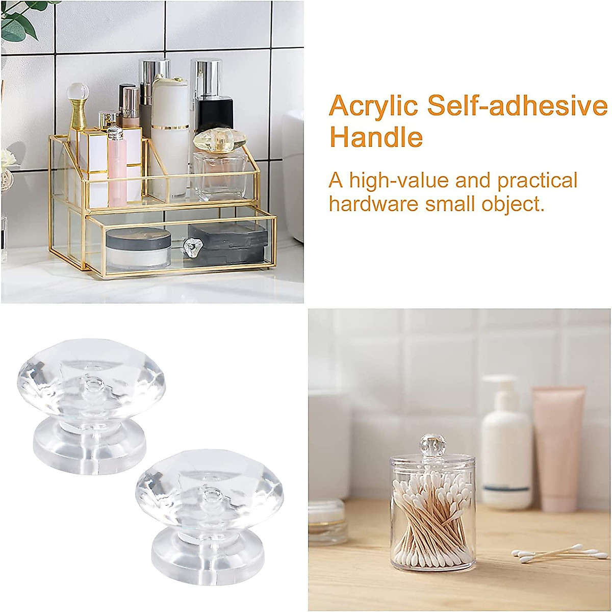 MOROBOR Mini Acrylic Pull Knobs, 24pcs Diamond-Shaped Self Stick Knobs No Drilling Clear Acrylic Self Adhesive Knobs for Mirror Closet Box Gift Case and Other Small Furniture