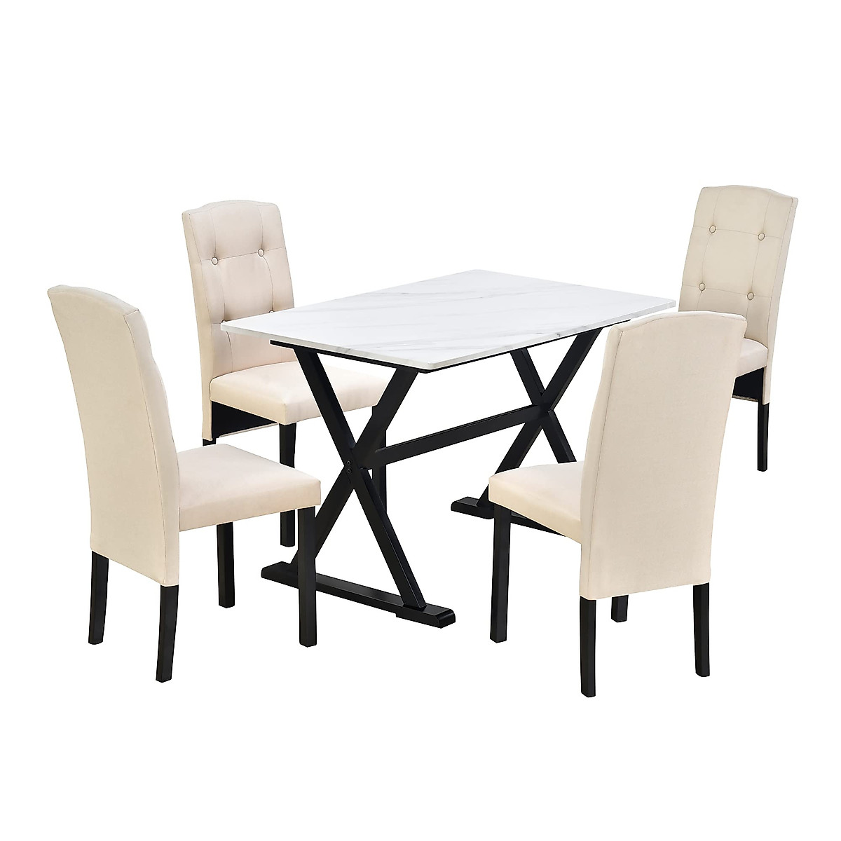 LZ LEISURE ZONE Dining Table Set, Solid Wood 5-Piece Dining Set with Faux Marble Tabletop and Upholstered Dining Chairs for 4, Dining Room Sets, White+Beige