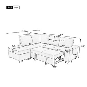 Merax Sleeper Sectional, L-Shape Corner Couch Sofa-Bed with Storage Ottoman, Black
