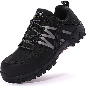 WHITIN Men's Steel Toe Safety Work Shoes Slip Resistant Industrial & Construction Boots for Male Size 13 zapatos de trabajo para hombres tenis con punta de acero para hombre trabajo construccion Black